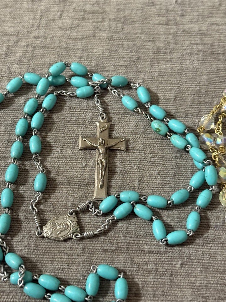 Pair Vintage Catholic Iridescent Teardrop Glass Rosary Gold Tone ...