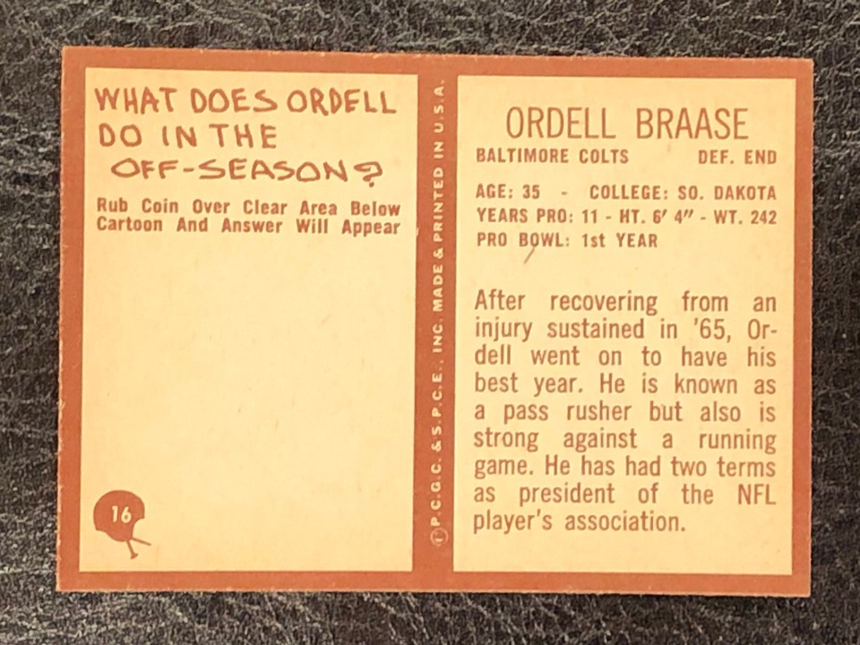 1967 Philadelphia Football Ordell Braase Card #16 NM-MT Very Nice ...