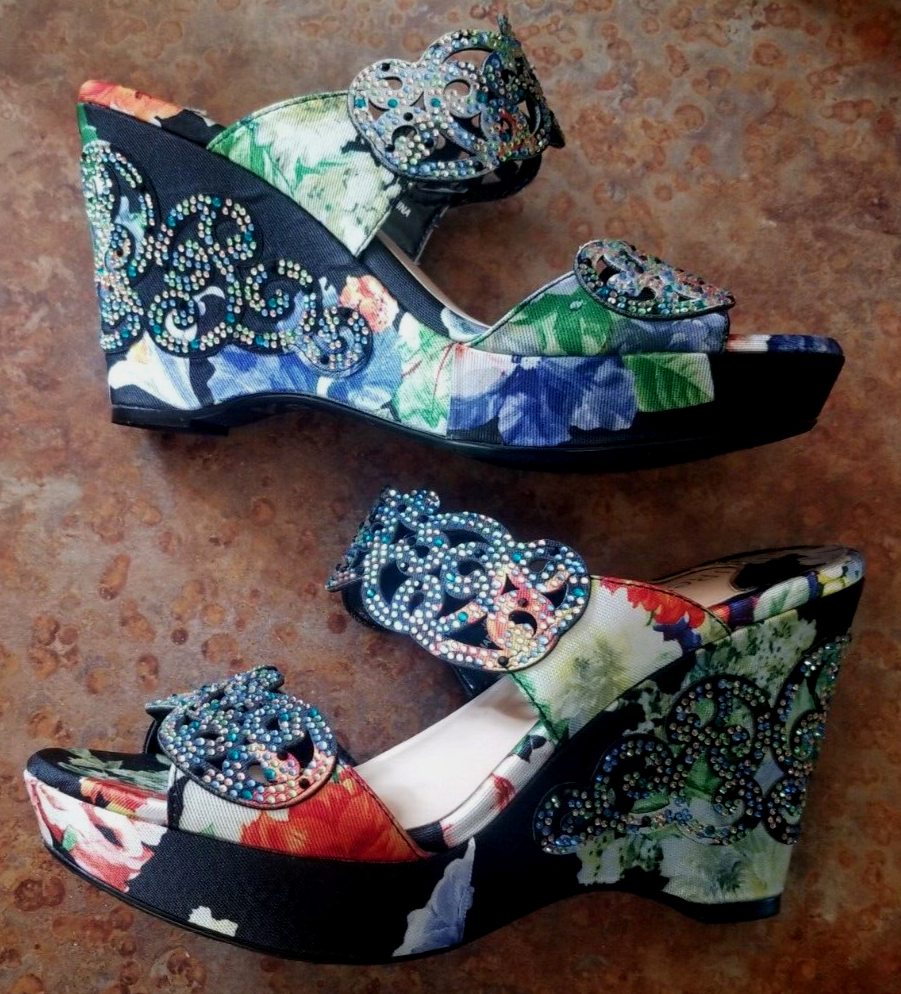 J. RENEE WOMEN'S JENAY WEDGE HEEL SANDALS FLORAL, RHINESTONES, SIZE 9 ...