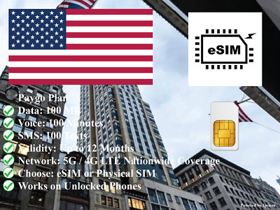 USA Paygo eSIM – 100MB + 100 Mins + 100 SMS | 1/2/3 Months | 1psim | eBay