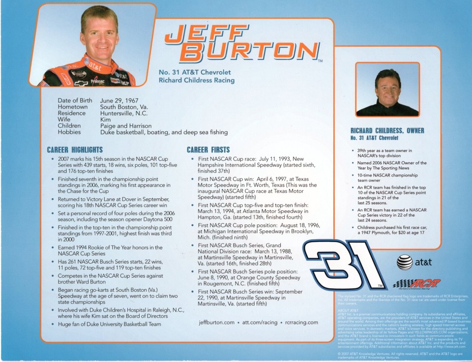 NASCAR Driver Jeff Burton #31 Autograph Signed AT&T RCR 2007 Photo Card ...