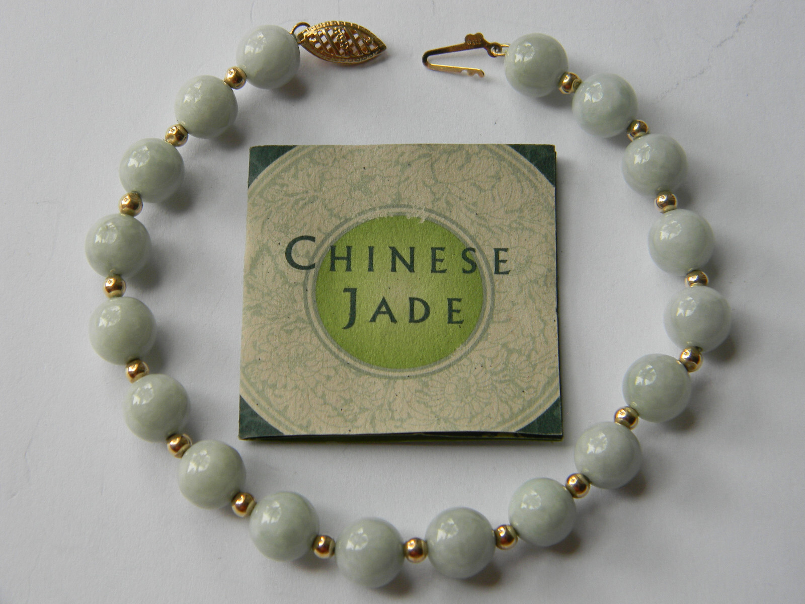 NWT Original Box Fine 14K Gold Beads 8mm Chinese Jade Bracelet 2004 QVC ...