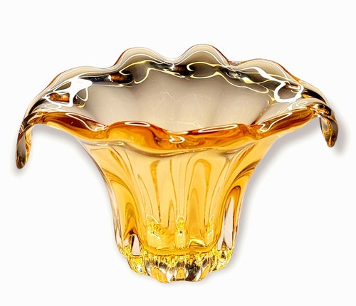 Vtg TELEFLORA Melon Rib Art Glass Basket Vase (5.5"×9") Amber -Murano ...