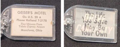 GEISER'S MOTEL MONCLOVA OHIO LENTICULAR ROOM KEY FOB TOLEDO AIRPORT ...