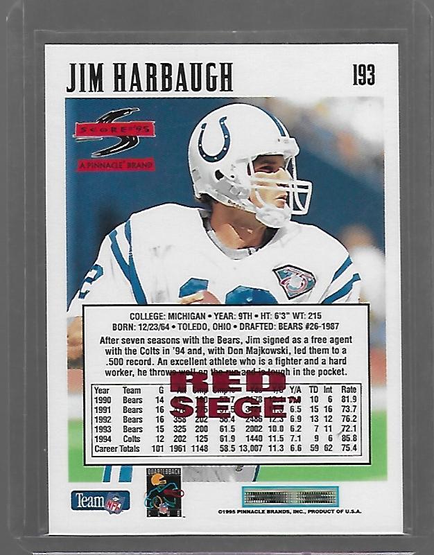 1995 Score Red Siege Artist's Proof #193 Jim Harbaugh Indianapolis ...