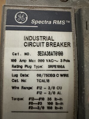 GE Distribution SEDA36AT0100 Spectra Circuit Breaker USED NO PLUG ...