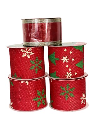 5 Roll, Christmas House Red White Green Shimmer Snowflakes Ribbon 2 ...