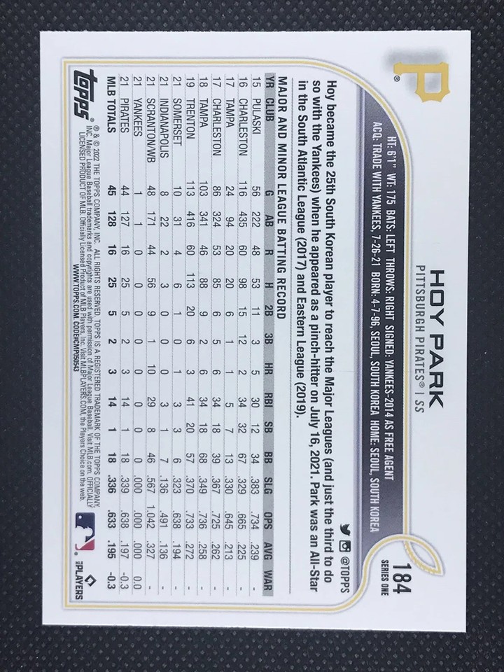 2022 Topps Hoy Park RC Gold Star Factory Set Parallel #184 Pirates | eBay