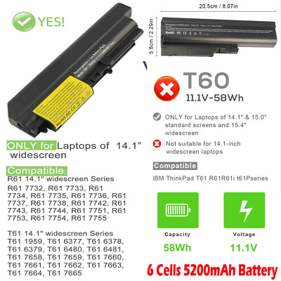 NEW T400 Battery For Lenovo T61 R61 Series 14.1" widescreen R400 ...