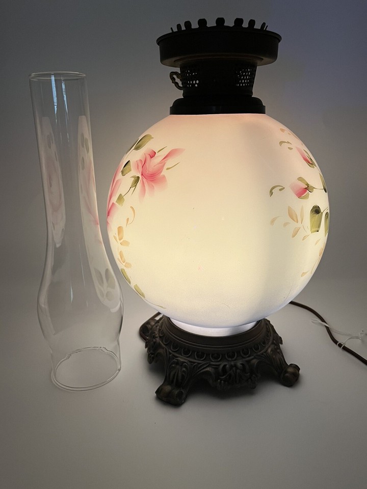 Antique Hurricane Lamp Pink Roses Gone With The Wind Glass Table Lamp ...