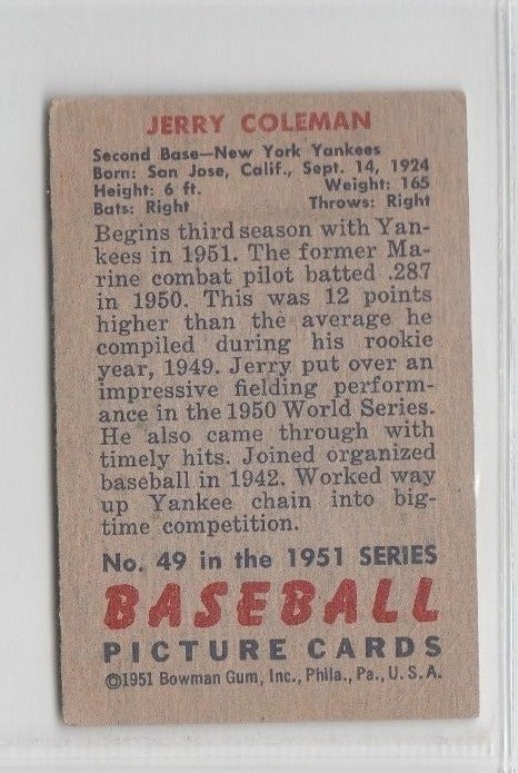 Jerry Coleman 1951 Bowman signed auto autographed card Yankees | eBay