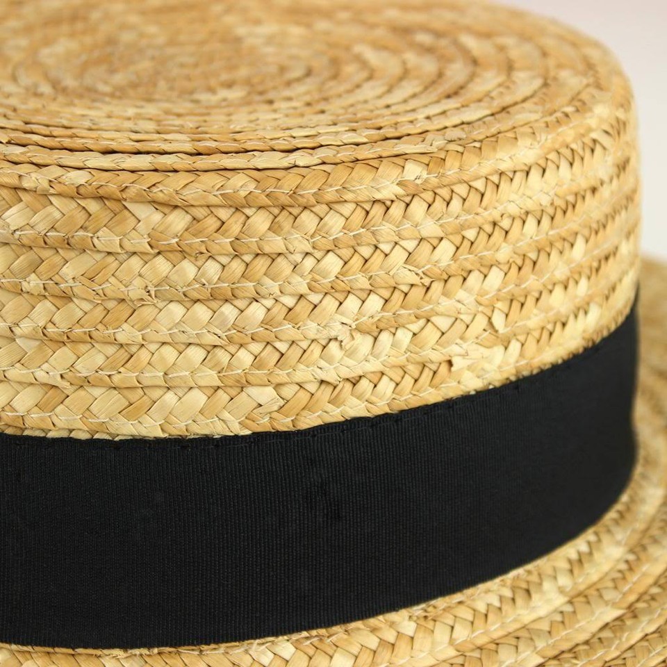 Straw Boater Hat Sailor Skimmer BLACK Band Hawkins Summer Sun Cap | eBay