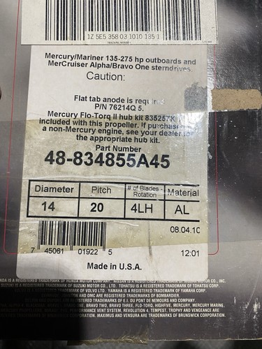 Mercury Marine/Mercruiser New OEM ALPHA 4 LH 14x20 Propeller 48 ...