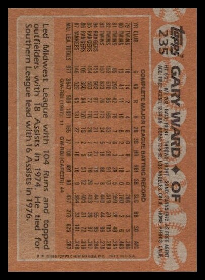 1988 Topps #235 Gary Ward New York Yankees Baseball card | eBay