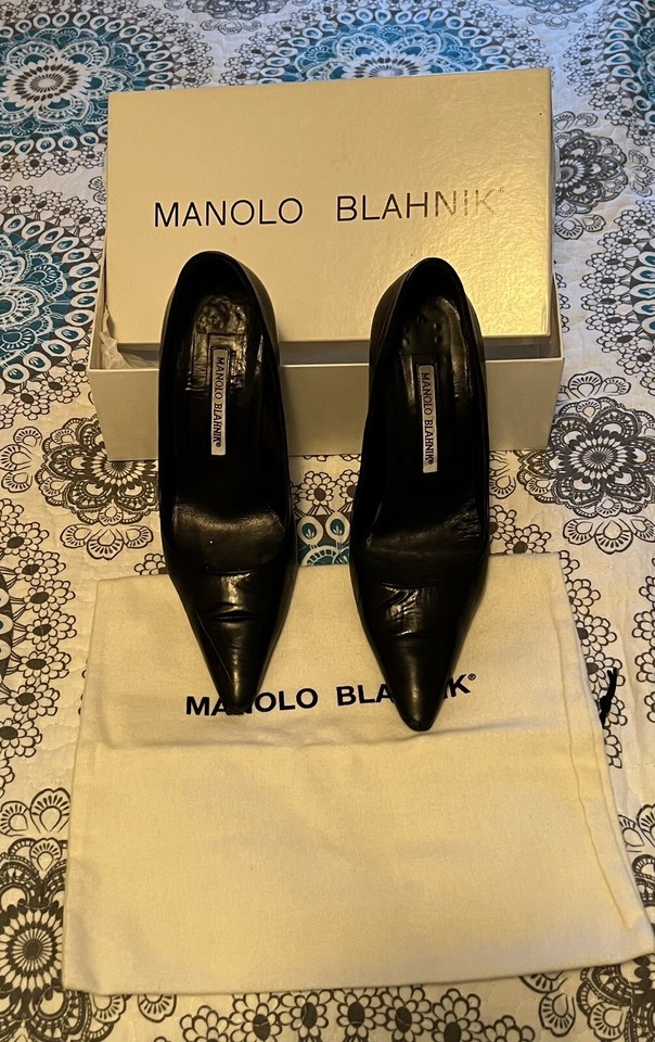 Manolo Blahnik Black Leather Strada 3in Heels W/box/ Sleep Bag/hardly ...