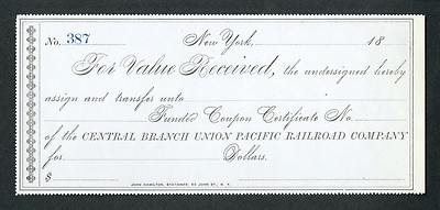 CENTRAL BRANCH UNION PACIFIC RAILROAD CO, 18--, bond transfer form | eBay