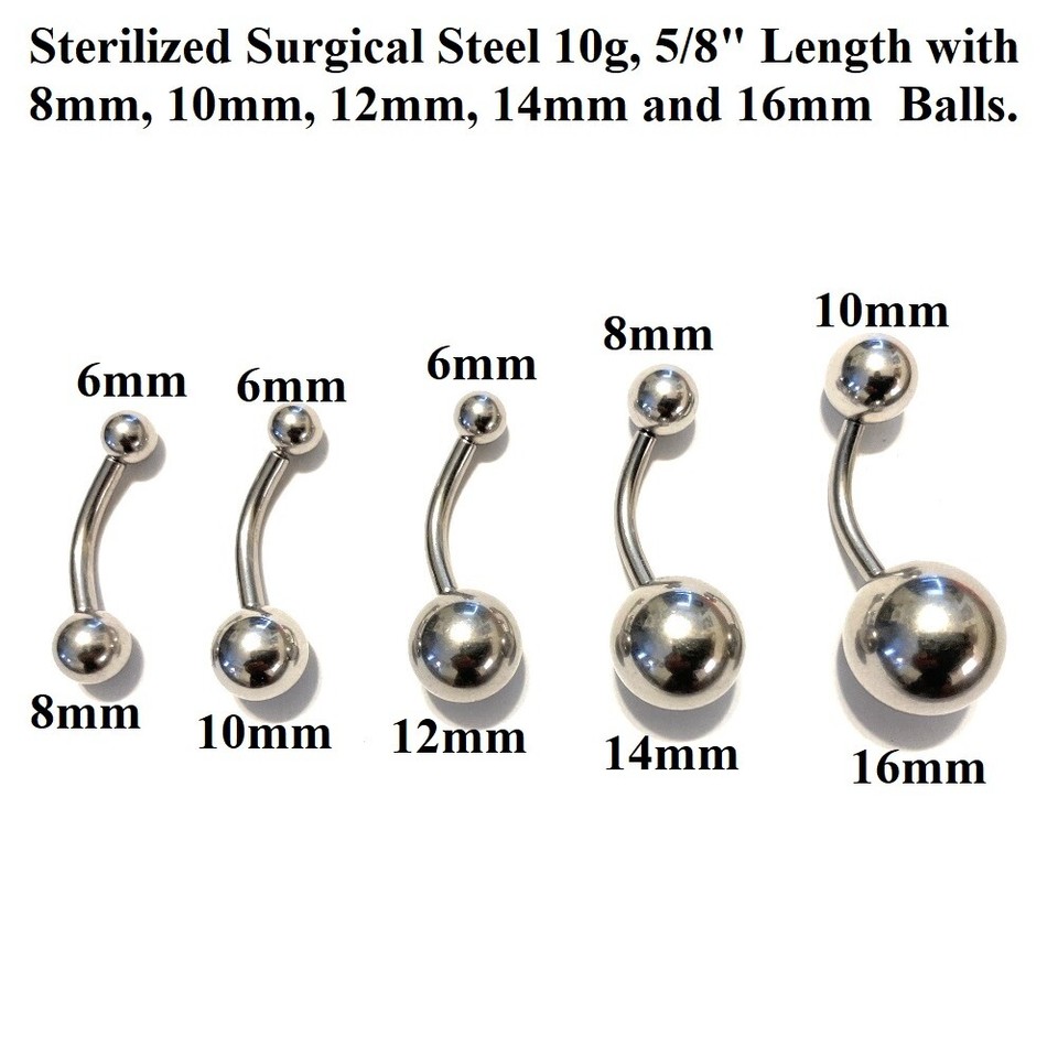 Surgical Steel 10 Gauge, 5/8" Length with 8, 10, 12, 14 & 16mm Balls PA ...