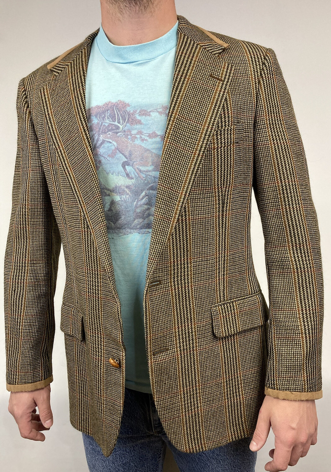 VTG 90s Suit Sport Coat Blazer Brown Plaid Elbow Patch Academia ...