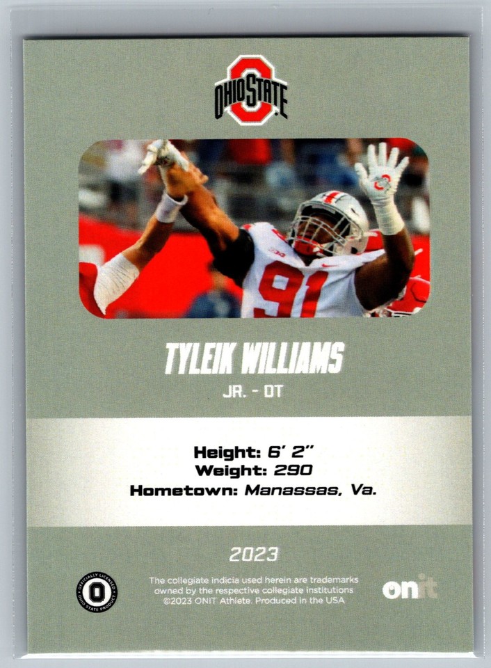 Tyleik Williams 2023 ONIT Ohio State Buckeyes #93 Football Card RC ...