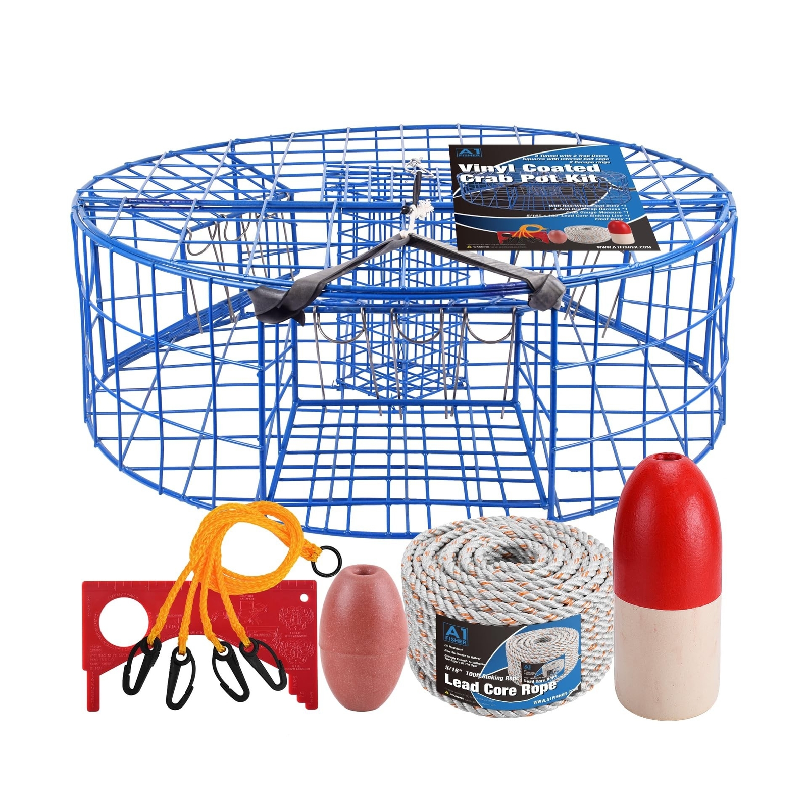 A1FISHER Heavy Duty Crab Pot Trap Blue Net Coated 3 Tunnel with 2 Trap ...