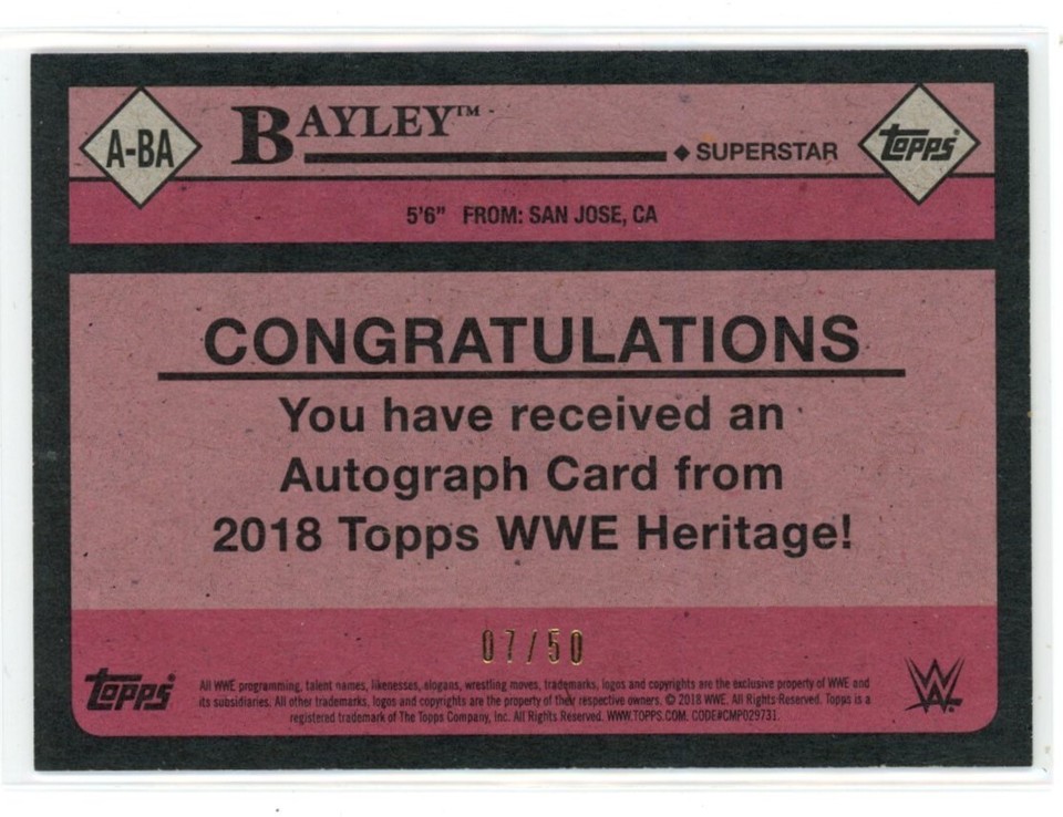 2018 Topps WWE Heritage Bayley #A-BA Autograph Auto Blue Parallel 7/50 ...