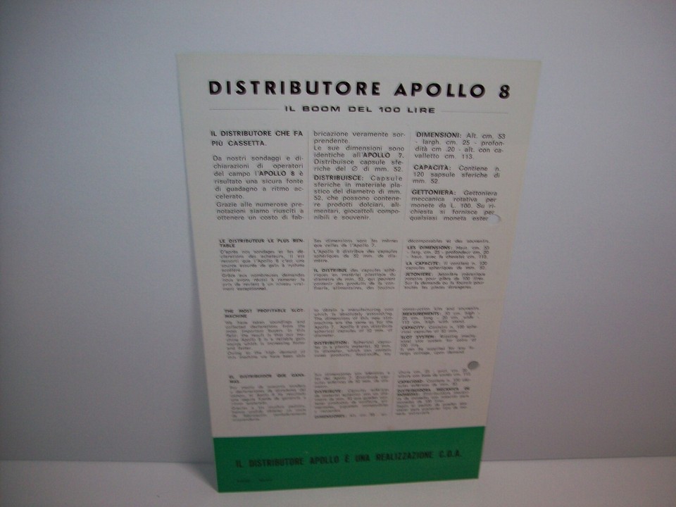 Apollo 8 Vending Machine FLYER Italian Text Vintage Coin-Op Vendor ...