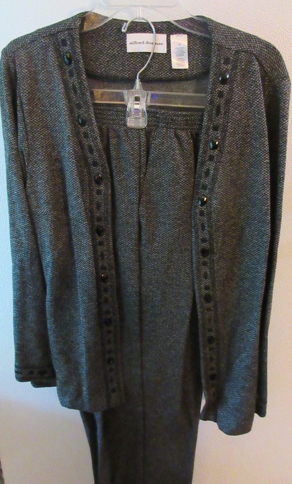 Alfred Dunner Black & Gray Sz 12 Large 2 pc Suit Set Open Jacket Top ...