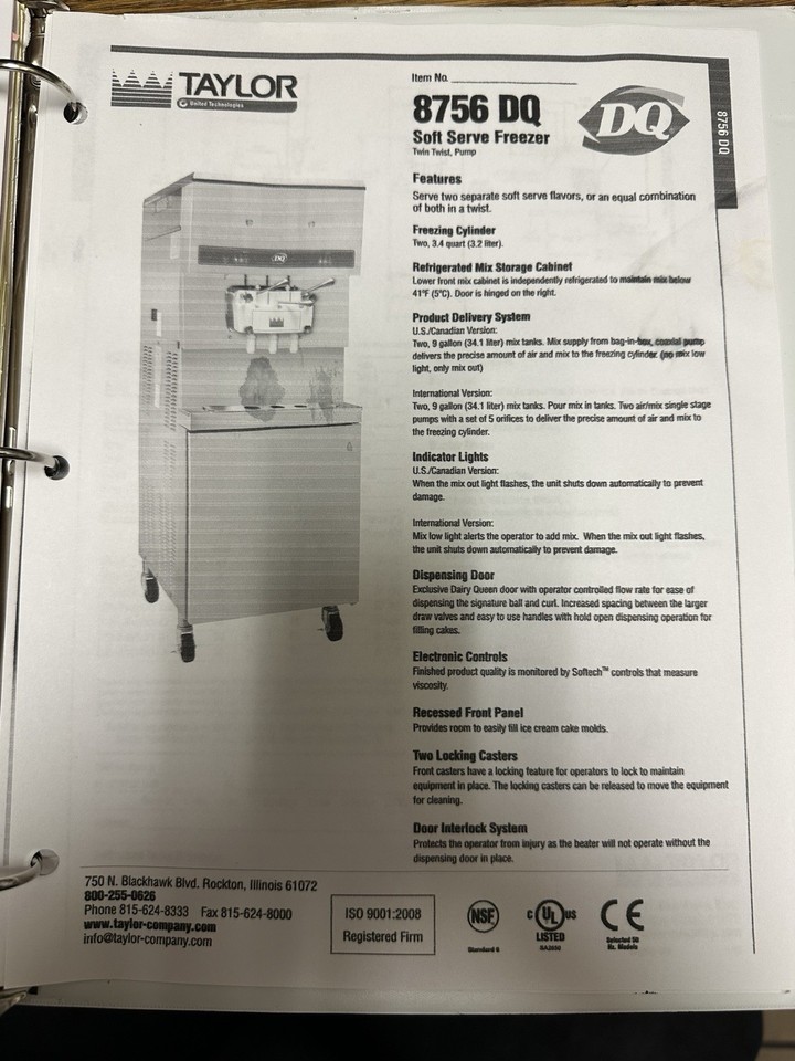 Year 2016 , Taylor 8756 Soft Serve Ice Cream Machine , water Cooled ...