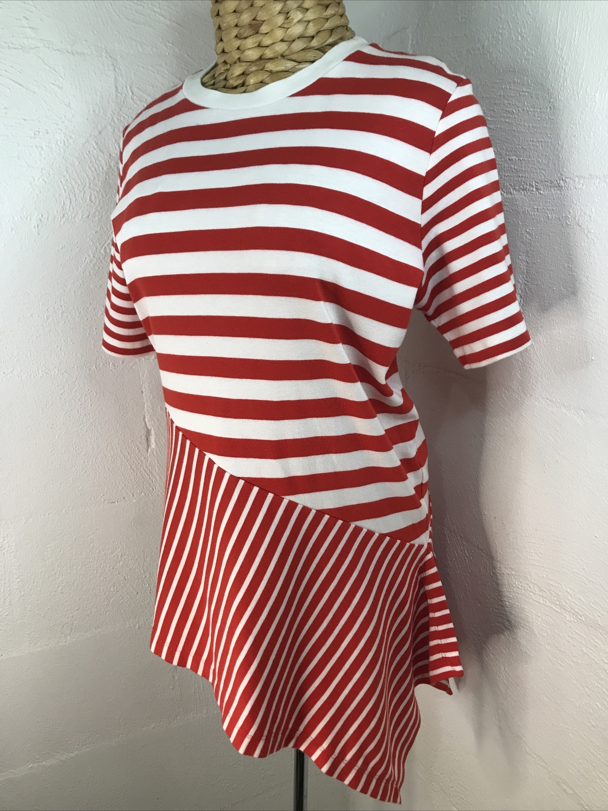 COS Red White Stripe 100% Heavy Cotton Jersey Bias Cut Tshirt Top Sz M ...