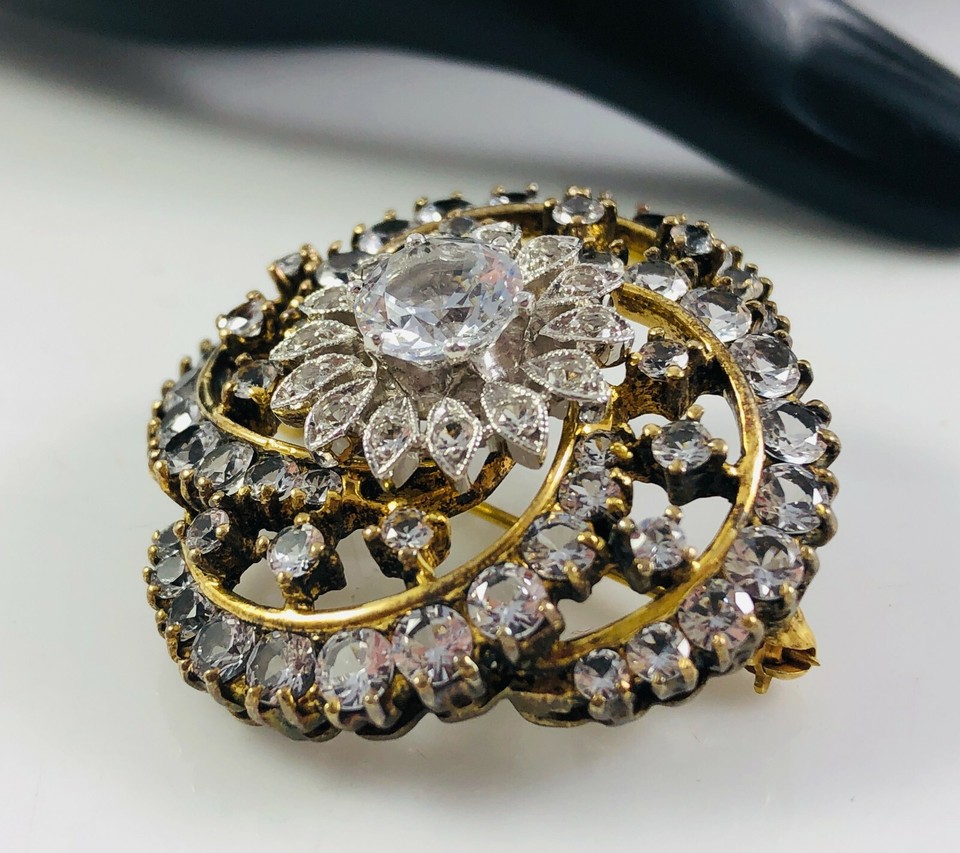 Antique Sterling Silver & Gold Wash Open Back Paste Rhinestones Swirl ...