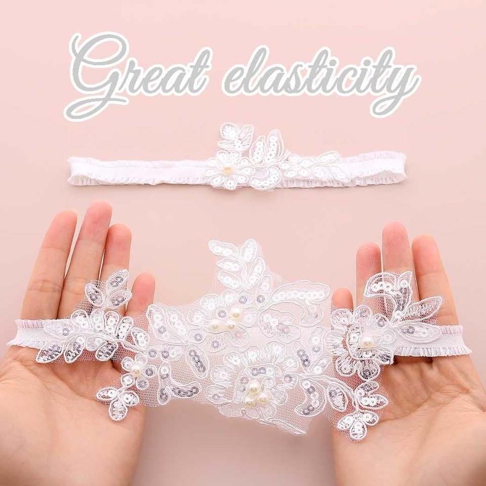 Wedding Leg Garter Belt Set White Lace Floral Garters Pearls Stretchy ...