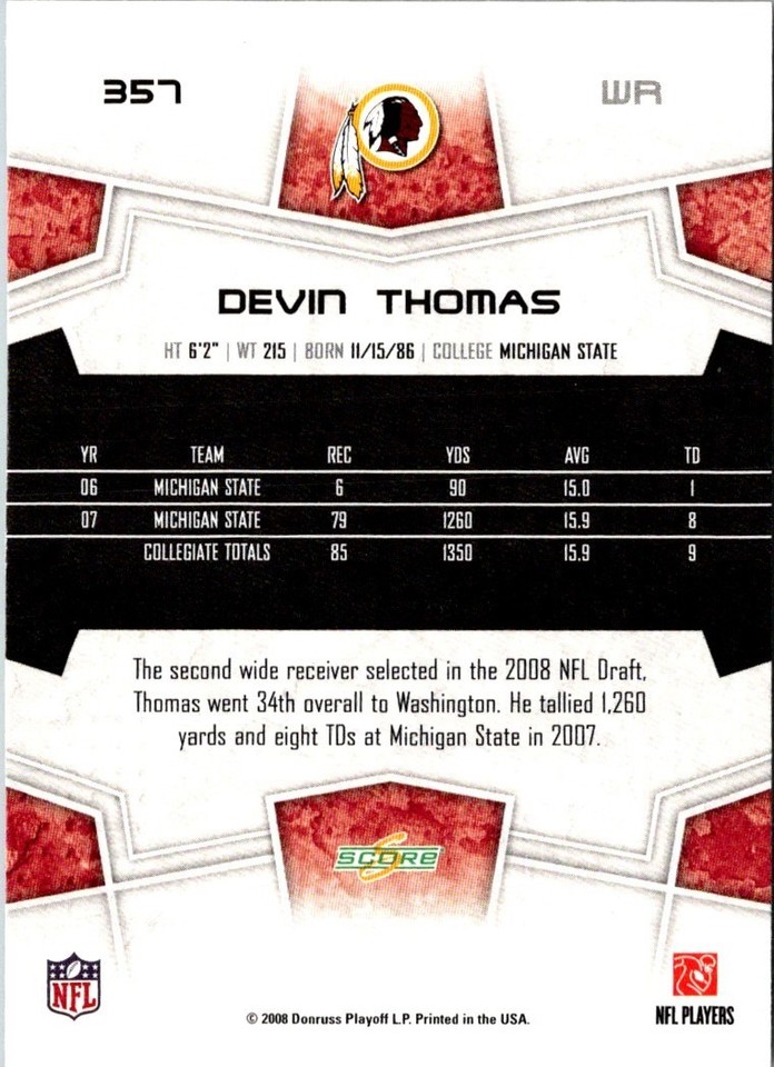 2008 Score Super Bowl XLIII Devin Thomas #357 Washington Redskins ...