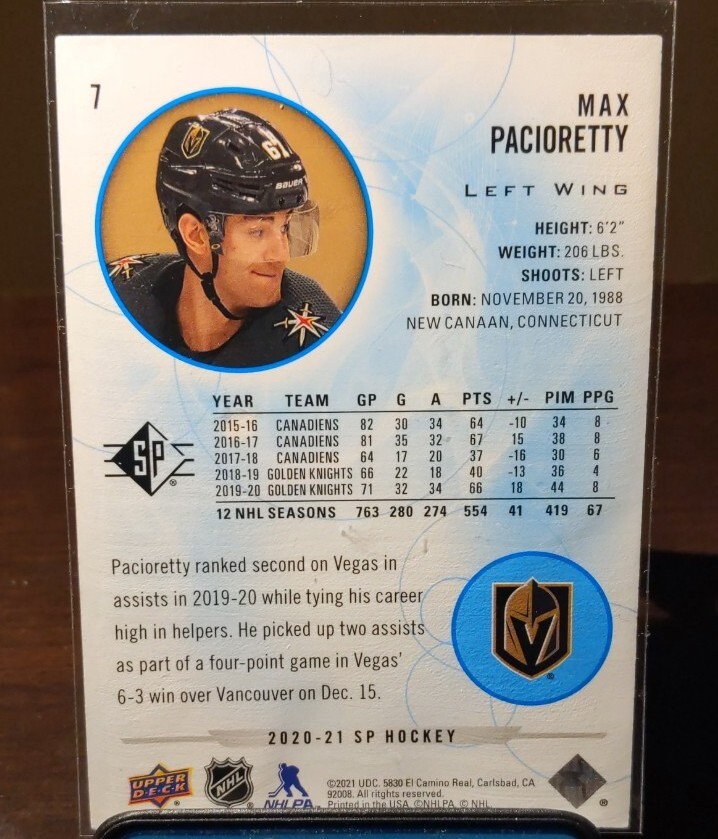 Upper Deck 2020-21 SP Hockey Max Pacioretty Blue SP Authentics #7 💎💎💎 ...