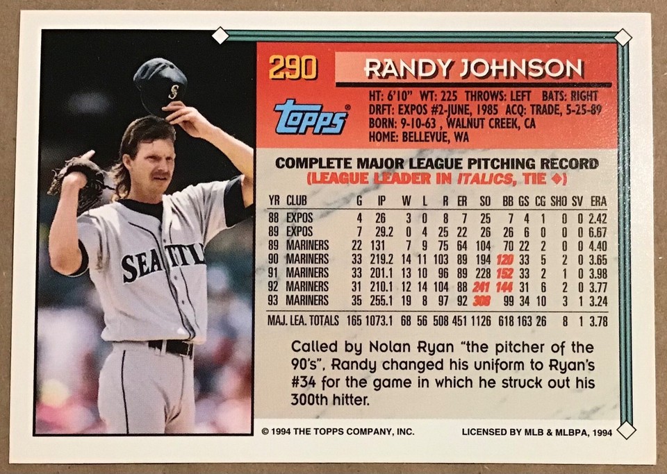 1994 RANDY JOHNSON TOPPS GOLD PARALLEL INSERT #290 SEATTLE MARINERS | eBay