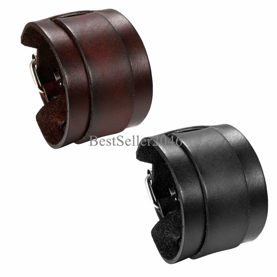 MENS Punk Wide Genuine Leather Bracelet Watchband Biker Rocker Cuff ...