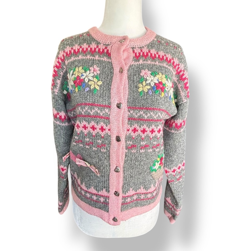 The Eagle’s Eye Wool Cardigan Pink Gray Floral Heart Bow Sweater Small ...
