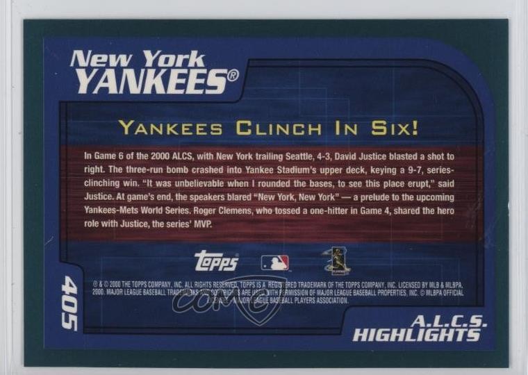 2001 Topps ALCS Highlights New York Yankees Yankees Clinch in Six ...