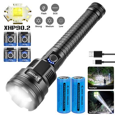 High Lumens XHP90 LED Rechargeable Flashlight Tactical Zoomable Torch w ...