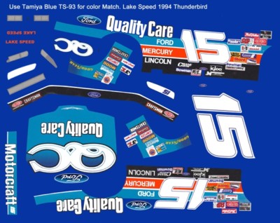 #15 Lake Speed Motorcraft Thunderbird 1994 1/24th - 1/25th Scale Decals ...