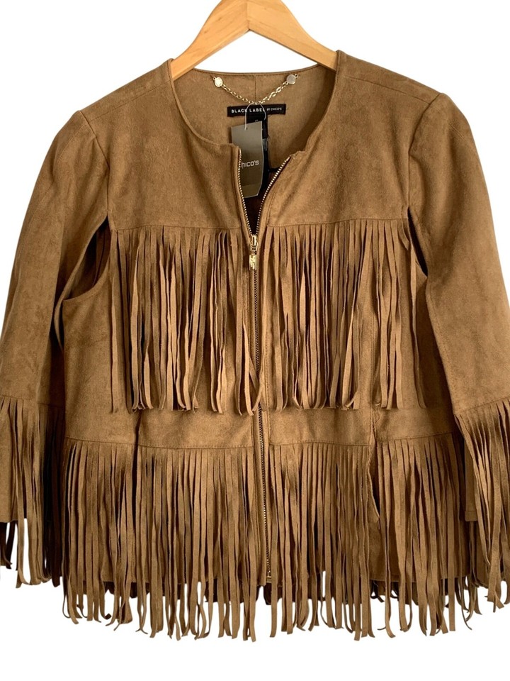 Chicos XS 4 US Black Label Fringe Jacket Top Suede Cognac $179 Cape ...
