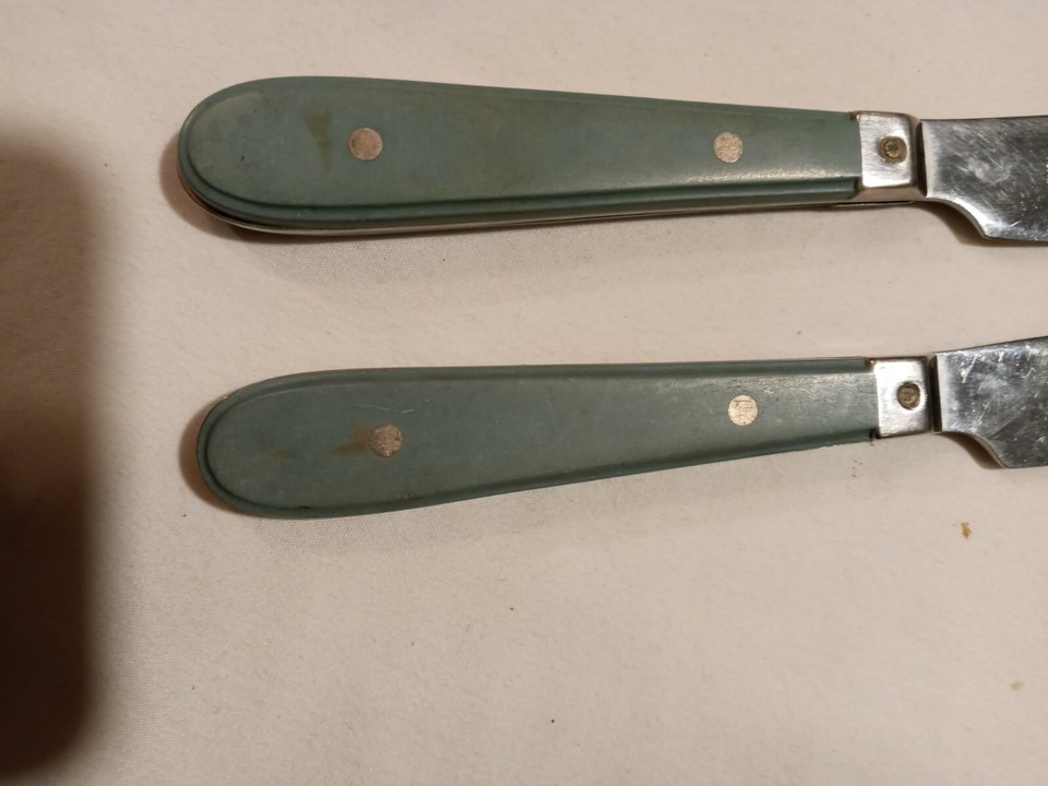 Vtg Silverware Blue Handles Stainless Flatware 2 Knives 1 Fork 2 Spoons ...