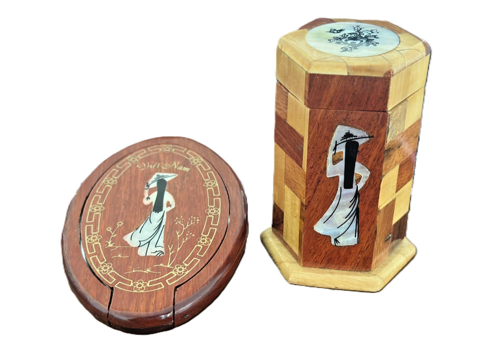 Vietnamese Mother of Pearl Inlay Wood Toothpick Holder & Compact Mirror ...