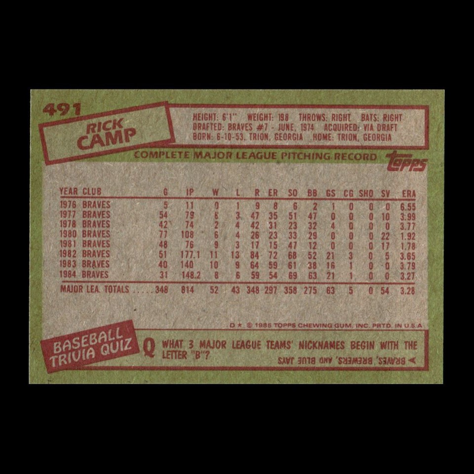 Rick Camp 1985 Topps Atlanta Braves #491 R321J 72 | eBay