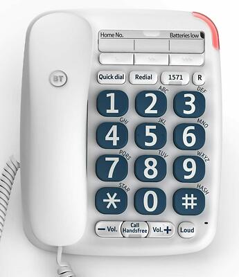 BT Big Button 200 Corded Landline Telephone Handsfree White 1 Year ...