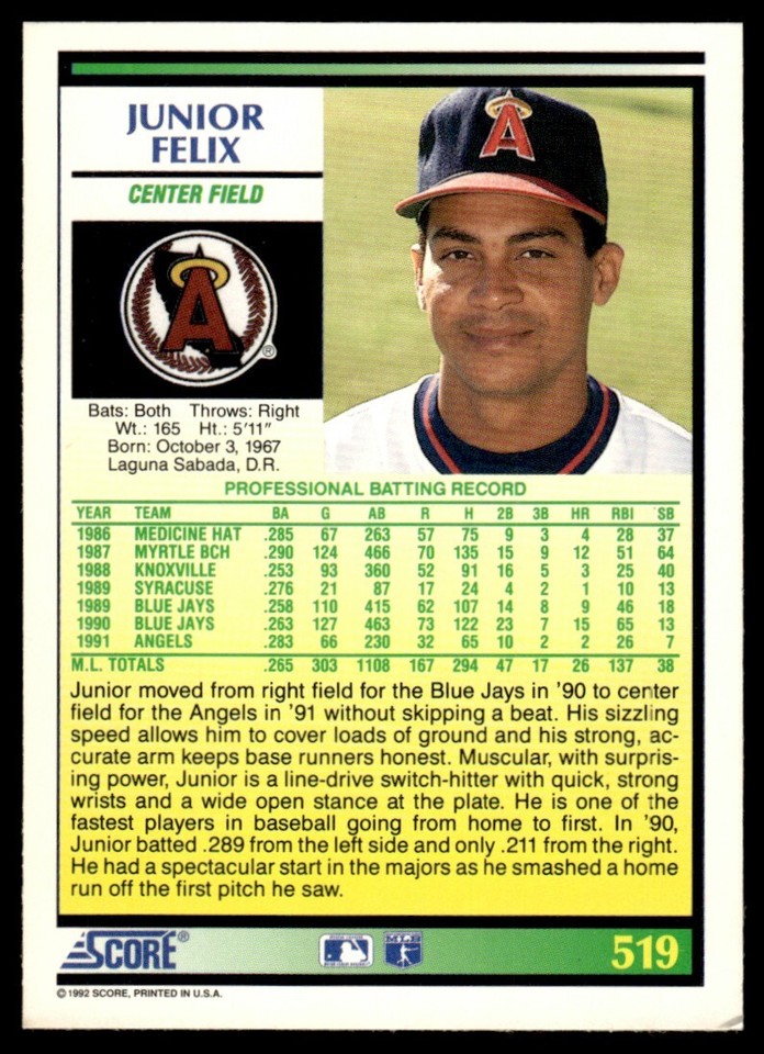 1992 Score #519 Junior Felix California Angels | eBay