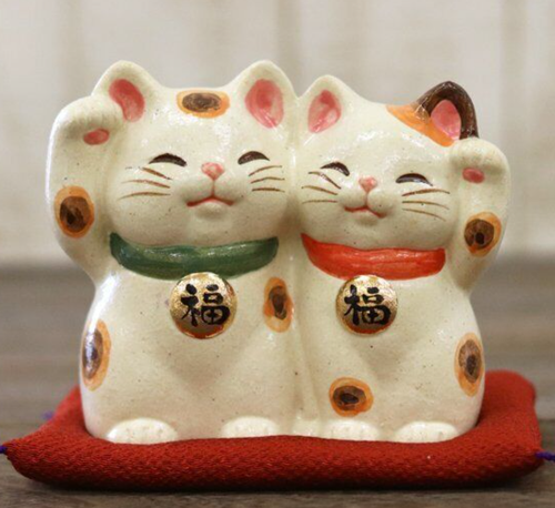 Japanese Handmade Lucky Cat Maneki Neko 12cm Couple Pair Pottery Seto ...