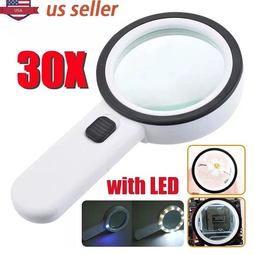 30X Jumbo Handheld Magnifying Glass w/ 13 Bright LED Light Illuminated ...