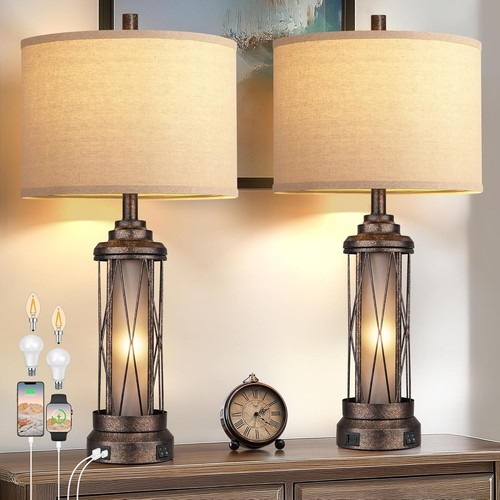 Qimh Farmhouse Table Lamps for Living Room, Rustic Nightstand Bronze ...