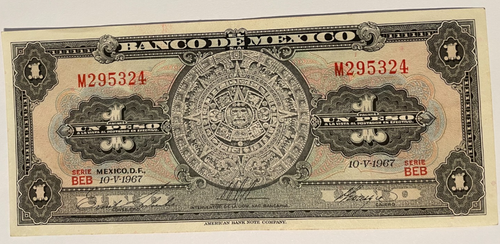 1967 Mexico 1 Un Peso Banknote Aztec Calendar - Crisp AU Condition (1 ...