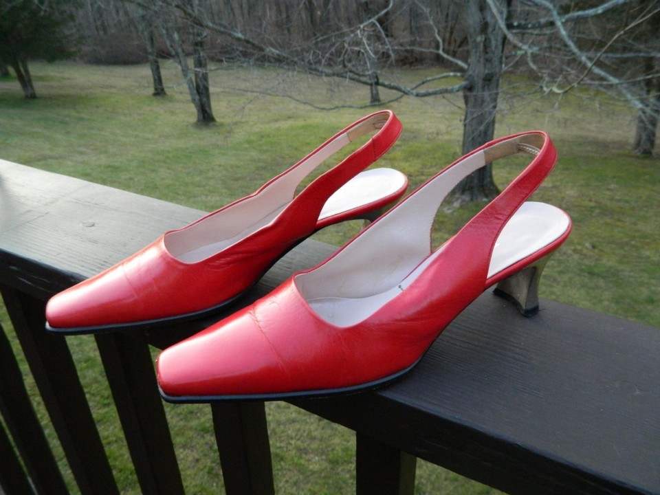 Escada True Red Leather Sling Back Pump Shoes w/silver heel, US size 7 ...